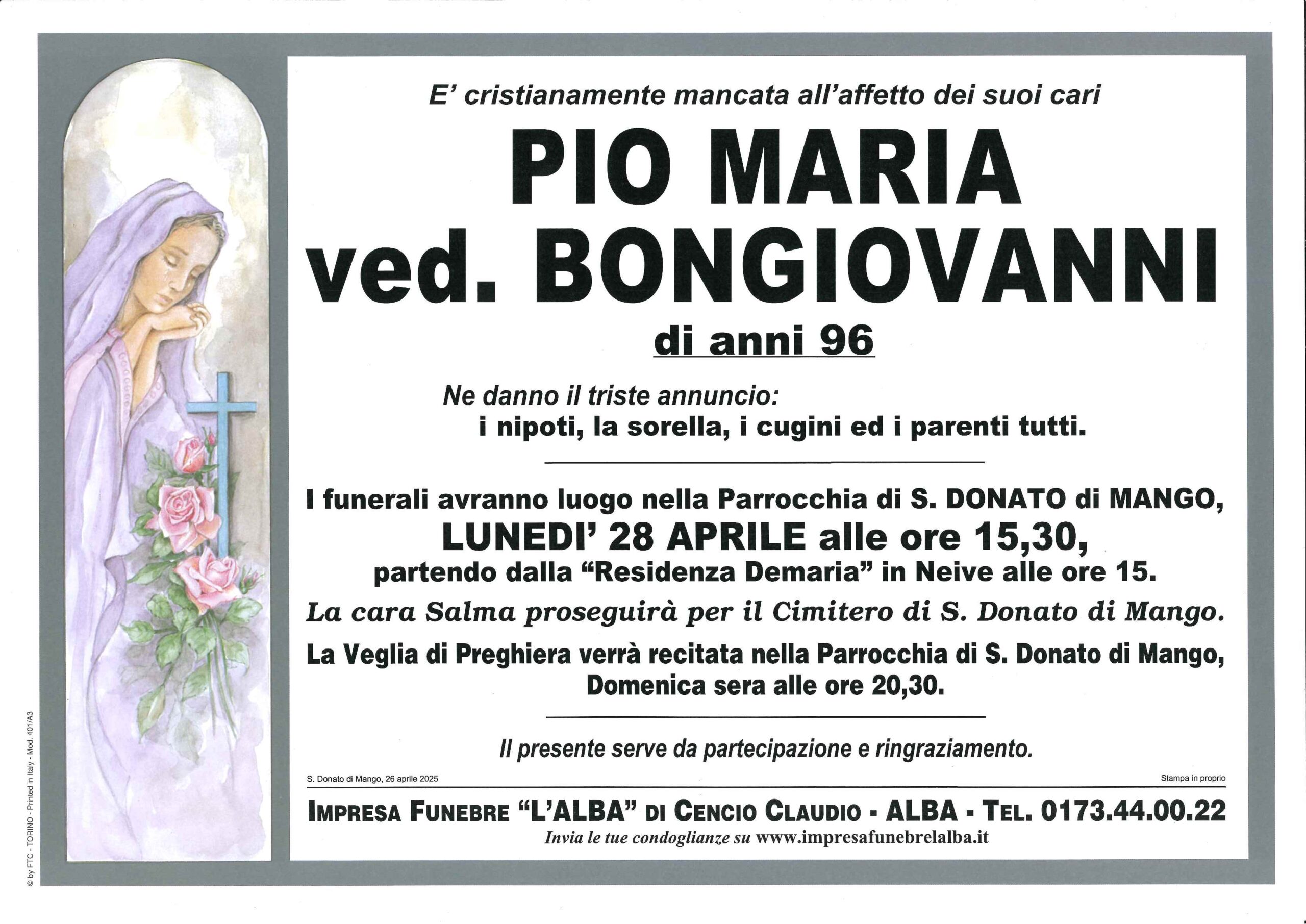 Condoglianze virtuali - PIO MARIA ved. BONGIOVANNI - Impresa Funebre L'Alba