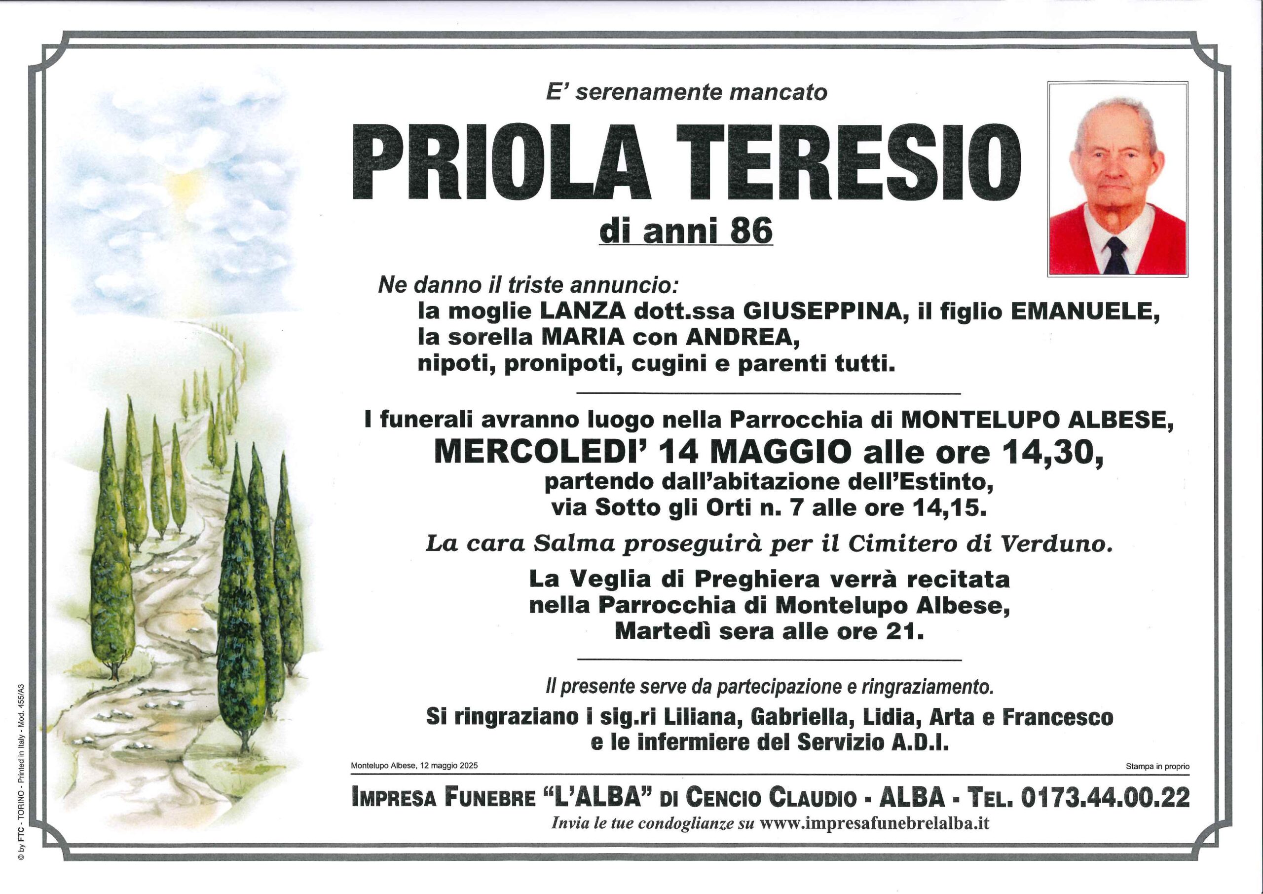 Condoglianze virtuali - PRIOLA TERESIO - Impresa Funebre L'Alba