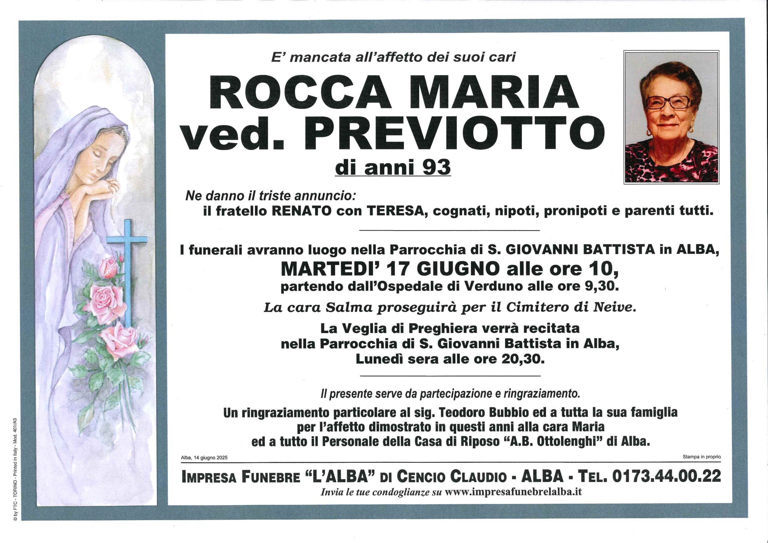 Condoglianze virtuali - ROCCA MARIA VED. PREVIOTTO - Impresa Funebre L'Alba